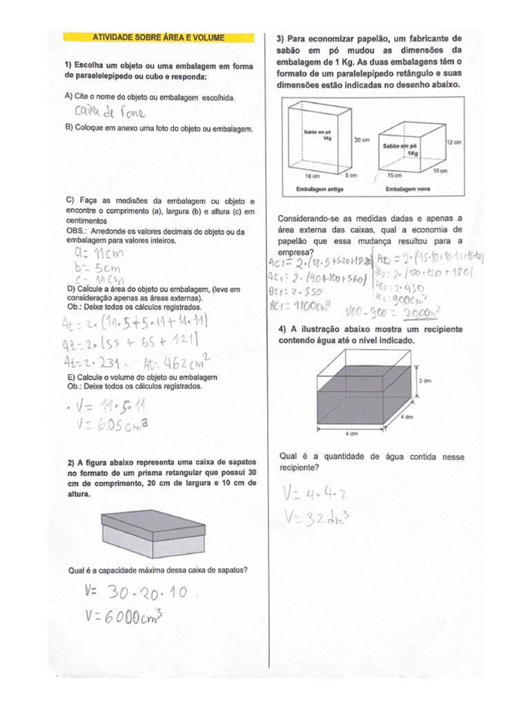 Atividade Sobre Área e Volume | PDF