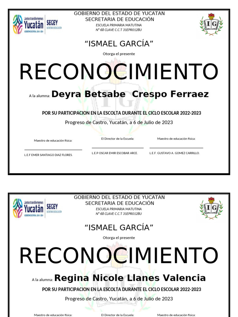 Reconocimientos Escolares 2023 Yucatán | PDF