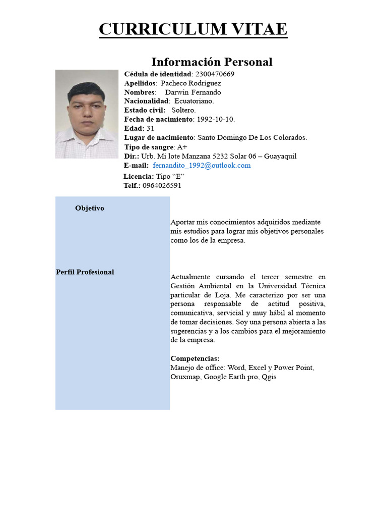Curriculum Vitae Darwin Fernando Pacheco Rodriguez | PDF