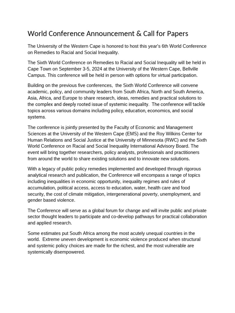 UWC 6WC Call For Papers Website Copy Feb 29 - FINAL | PDF | Economic Inequality | Discrimination ...