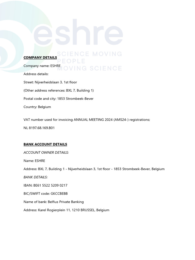 Eshre 2024 Invoicing and Bank Data | PDF