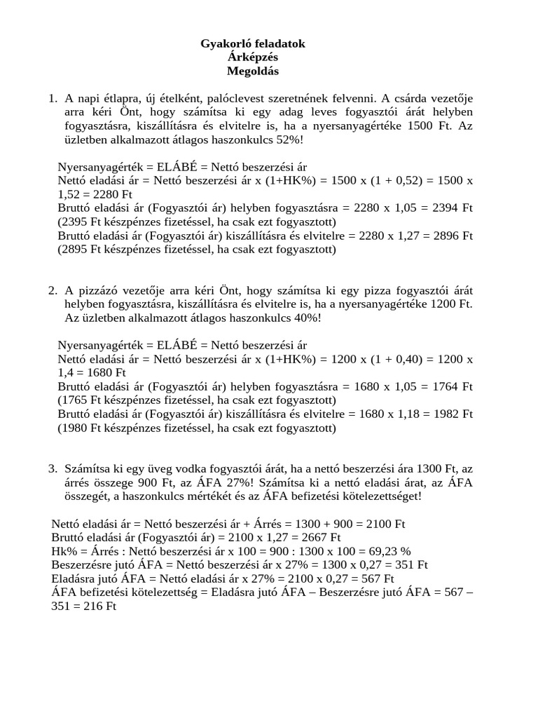 Árképzés Gyakorló Feladatok Megoldás | PDF