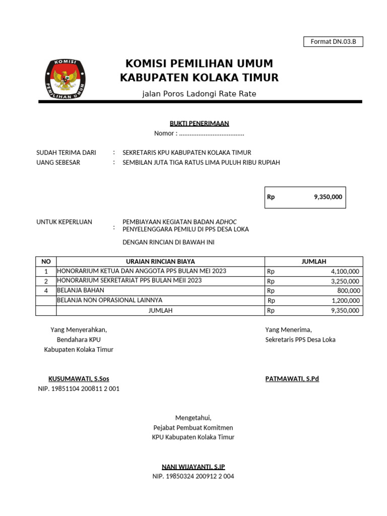 Bukti Penerimaan Dana KPU Kolaka Timur | PDF