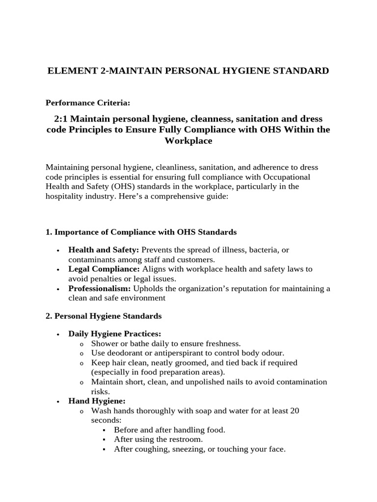 Personal Hygiene Standards in Hospitality | PDF | Hygiene | Personal ...