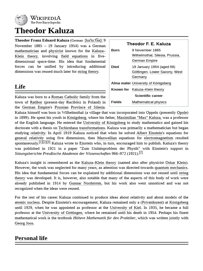 Theodor_Kaluza | PDF | Physics | Theory Of Relativity