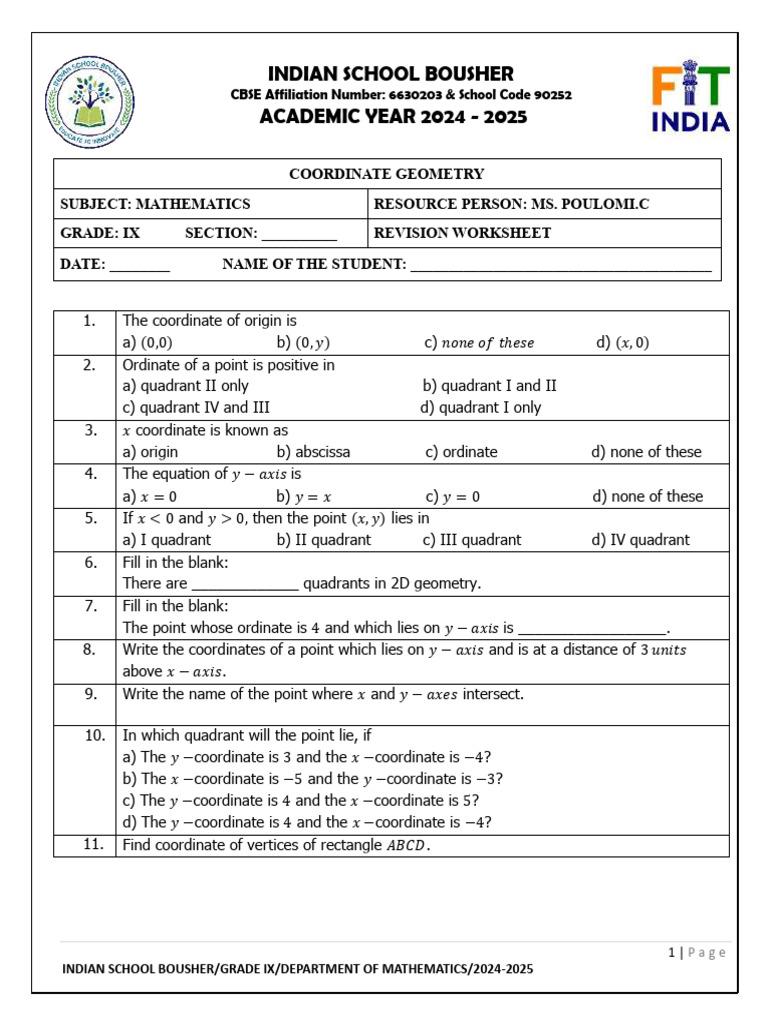 ISB_COORDINATE GEOMETRY_REVISION WORKSHEET | PDF | Cartesian Coordinate ...