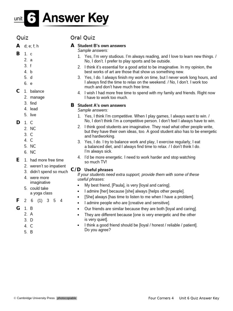 Four Corners Second Edition - Level 4 - Q06 - Key | PDF