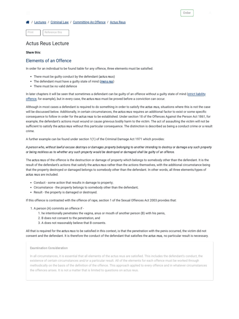 Actus Reus Lecture | PDF | Causation (Law) | Justice