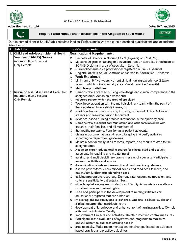 Staff Nurses Job KSA Through OEC | PDF | Nursing | Clinical Medicine