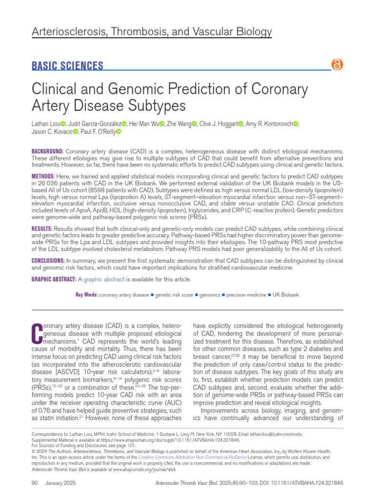 Clinical and Genomic Prediction of Coronary Artery Disease Subtypes ...