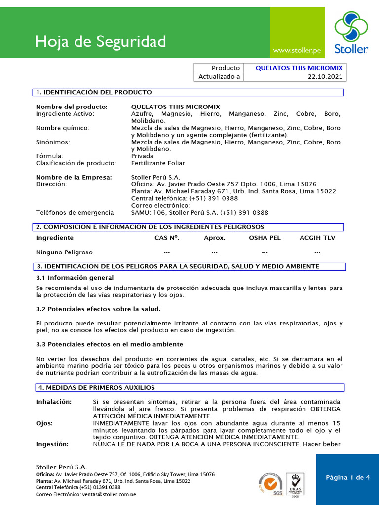 Hoja de Seguridad: Quelatos This Micromix | PDF | Fertilizante | Agua