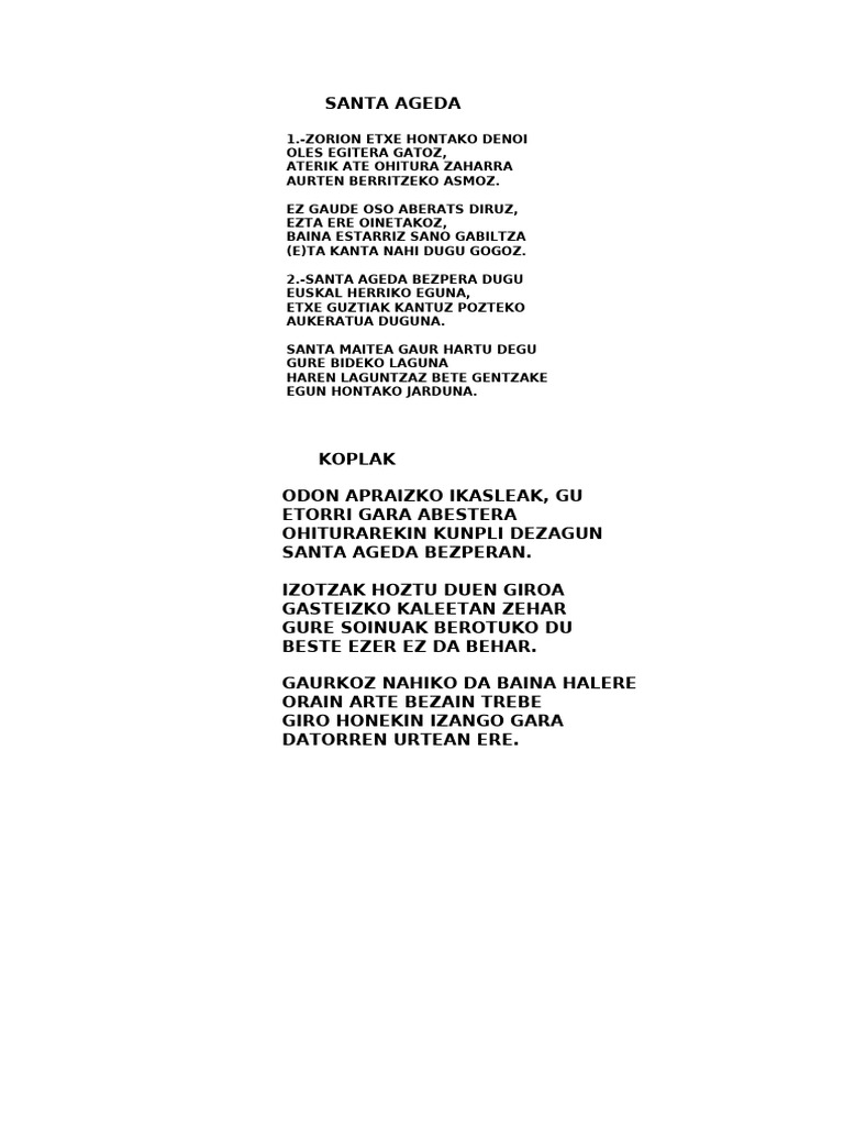 Santa Ageda - Letra Eta Koplak | PDF