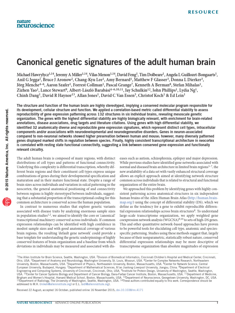 Canonical genetic signatures of the adult human brain | PDF | Brain ...