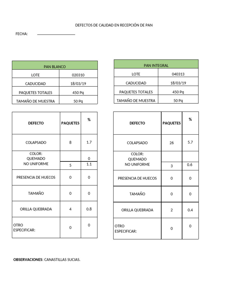 Informe de Defectos en Pan Recepcionado | PDF