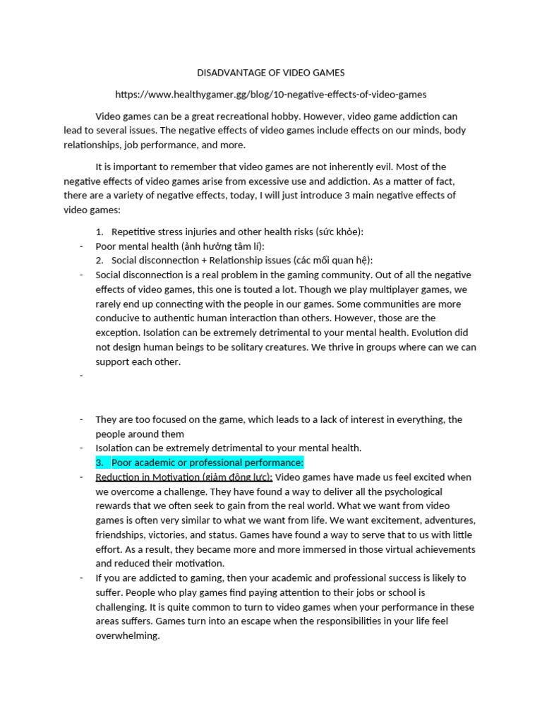Disadvantage of Video Games | PDF | Mental Health | Video Games