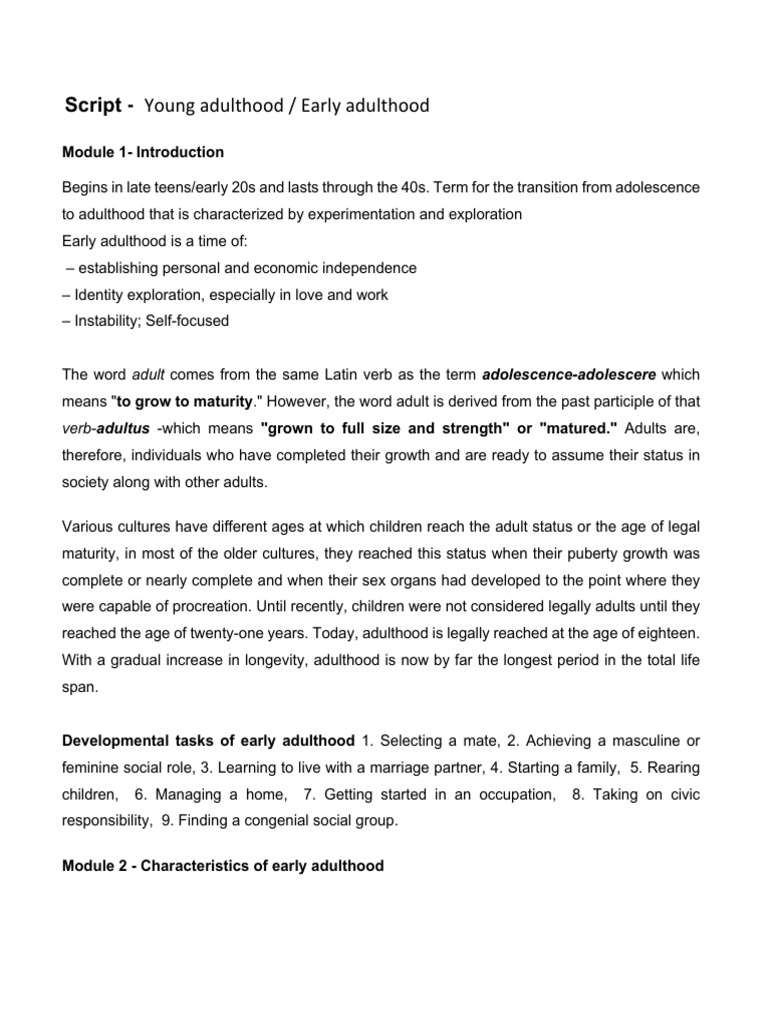 1587462621W4-L3 - Script - Young Adulthood - Early Adulthood | PDF | Remarriage | Adolescence