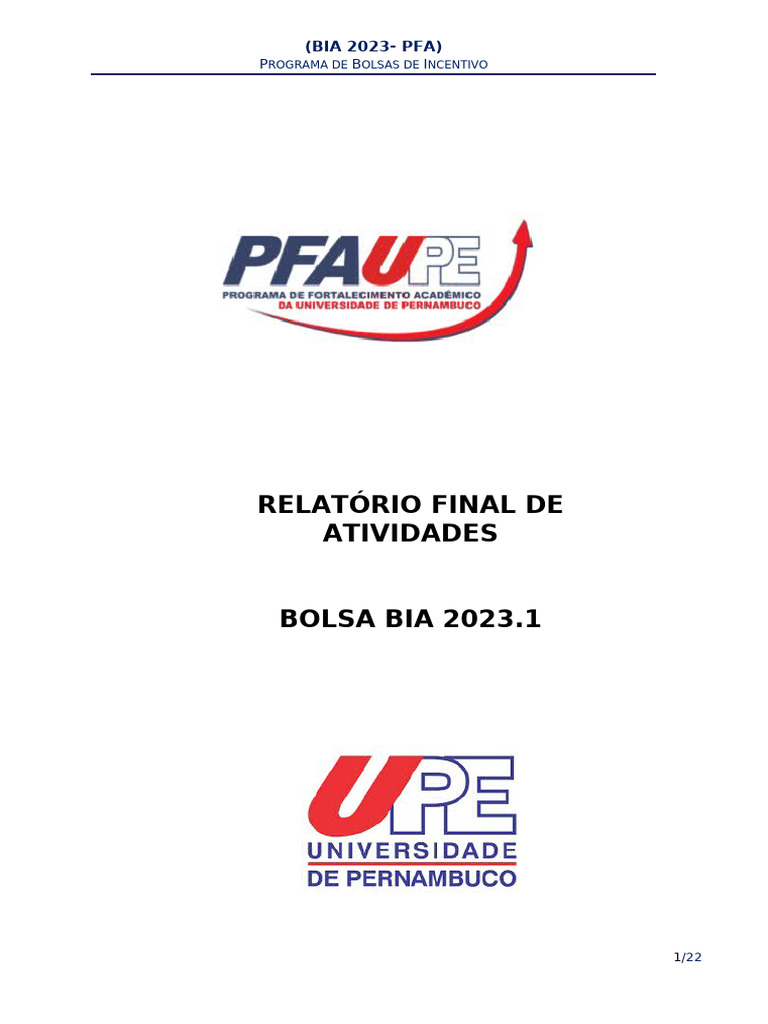 Modelo de Relatório Final BOLSA BIA PFA 2023 | PDF | Science