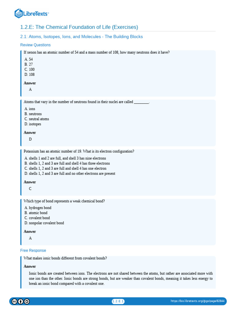 1.2.E The Chemical Foundation of Life (Exercises) | PDF | Chemical Bond ...