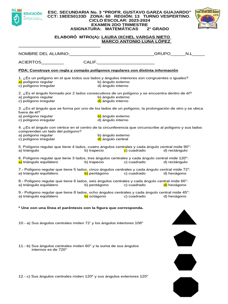 EXAMEN 2DO GRADO MATEMATICAS 2do TRIMESTRE CICLO 23-24 | PDF | Triángulo | Ángulo