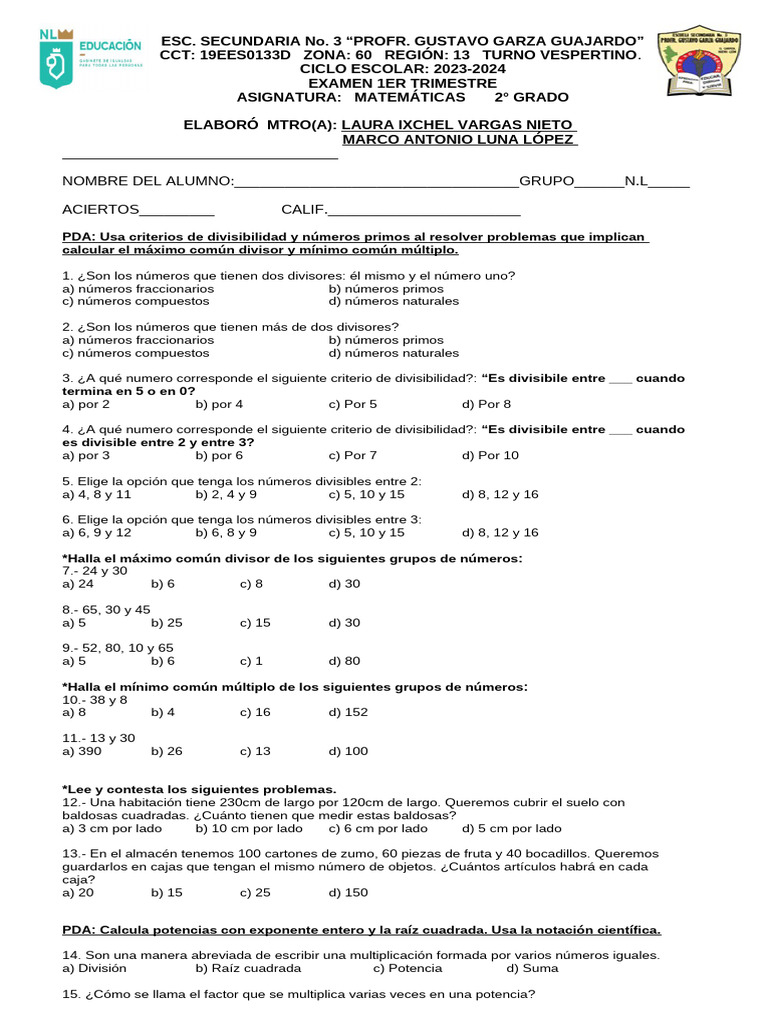 EXAMEN 2DO GRADO MATEMATICAS 1ER TRIMESTRE CICLO 23-24 | PDF ...