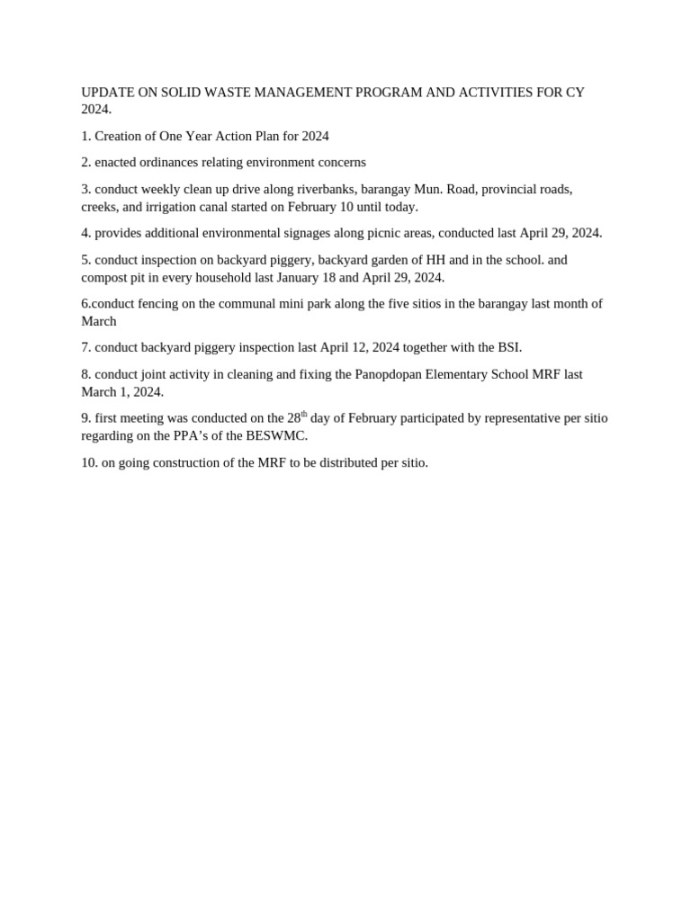Update On Solid Waste Management Program and Activities For Cy 2024 | PDF