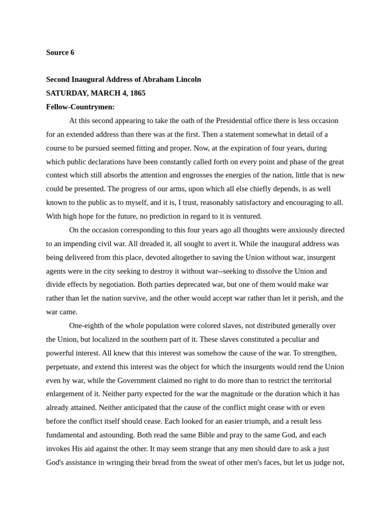 Lincoln's 1865 Second Inaugural Address | PDF | Abraham Lincoln