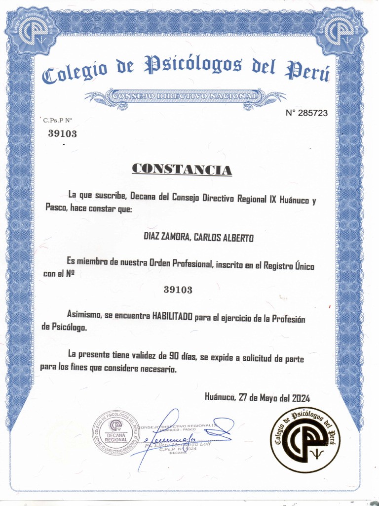 Constancia Psic. Diaz Zamora, Carlos Alberto. | PDF
