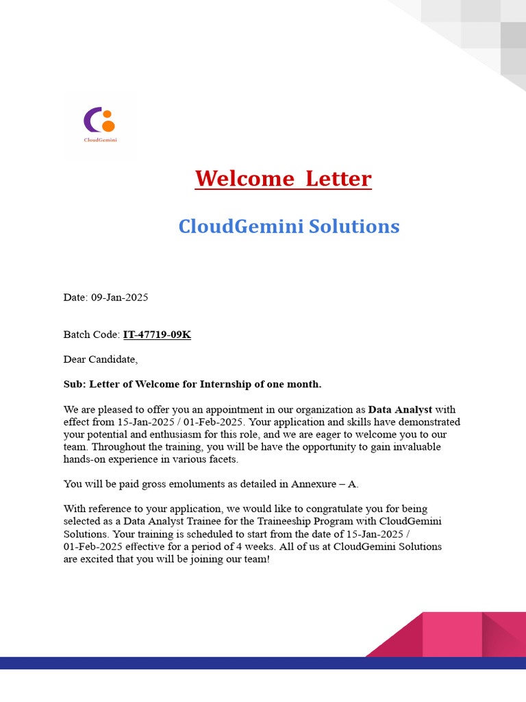 WelcomeLetterForDataAnalyst (09 Jan 2025) | PDF