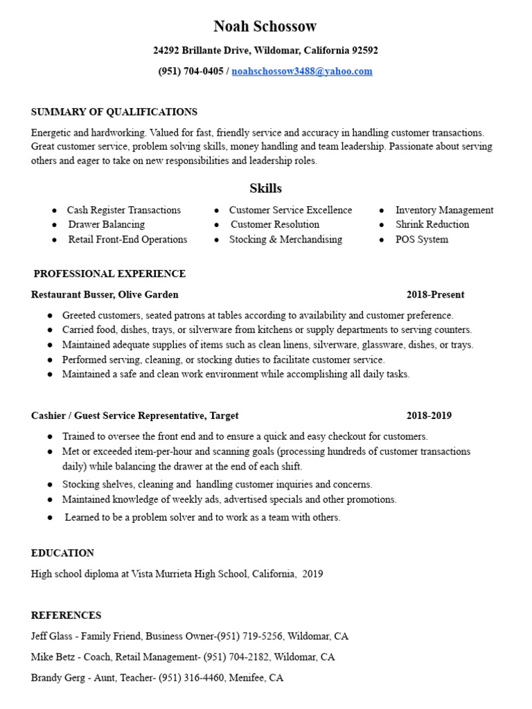 Noah Schossow Resume | PDF