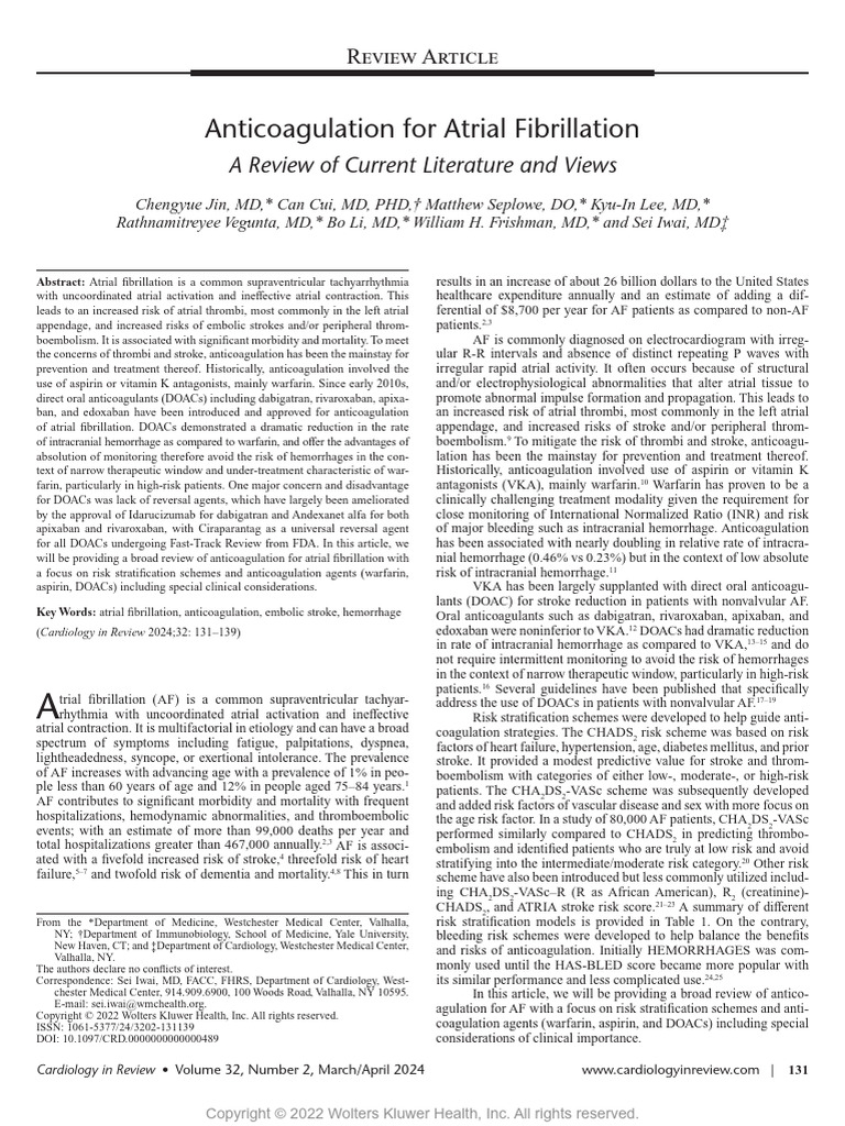 Anticoagulation Strategies for Atrial Fibrillation | PDF | Stroke ...