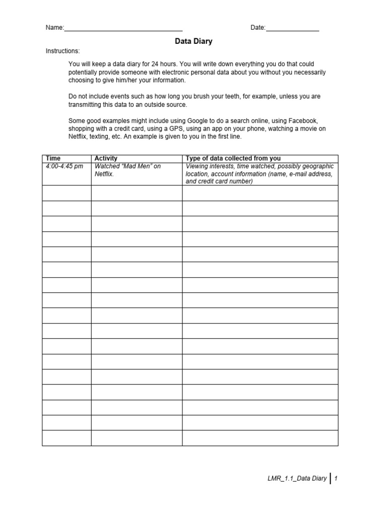 24-Hour Personal Data Diary Guide | PDF