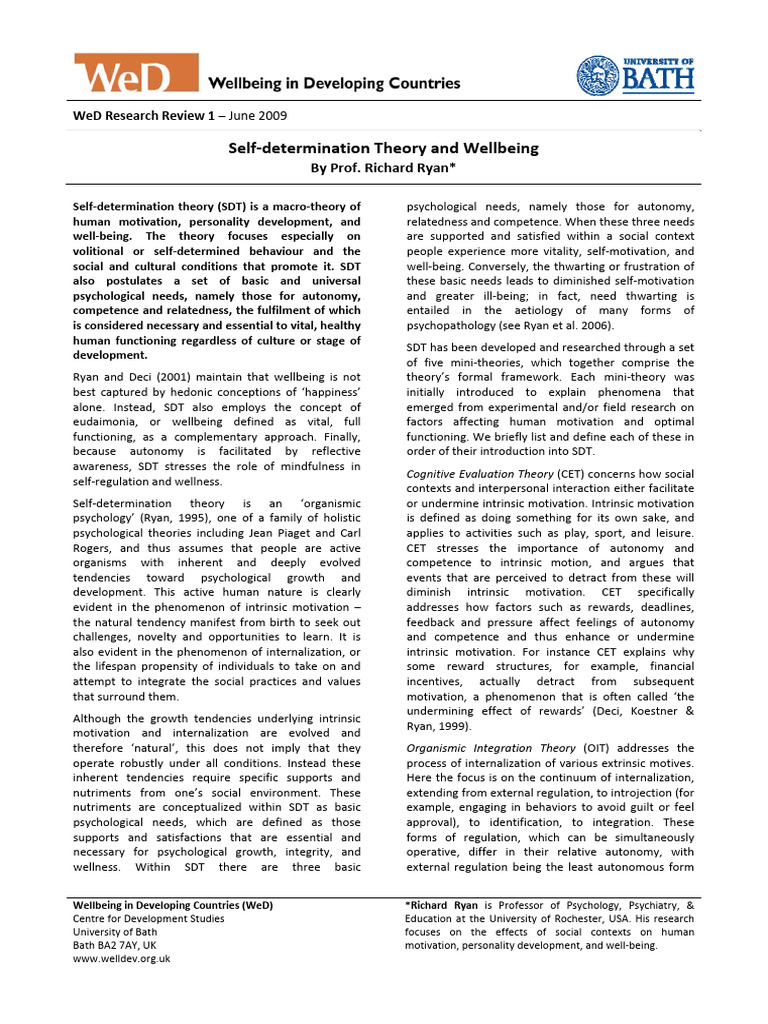 Self Determination Theory and Wellbeing | PDF | Motivational | Motivation