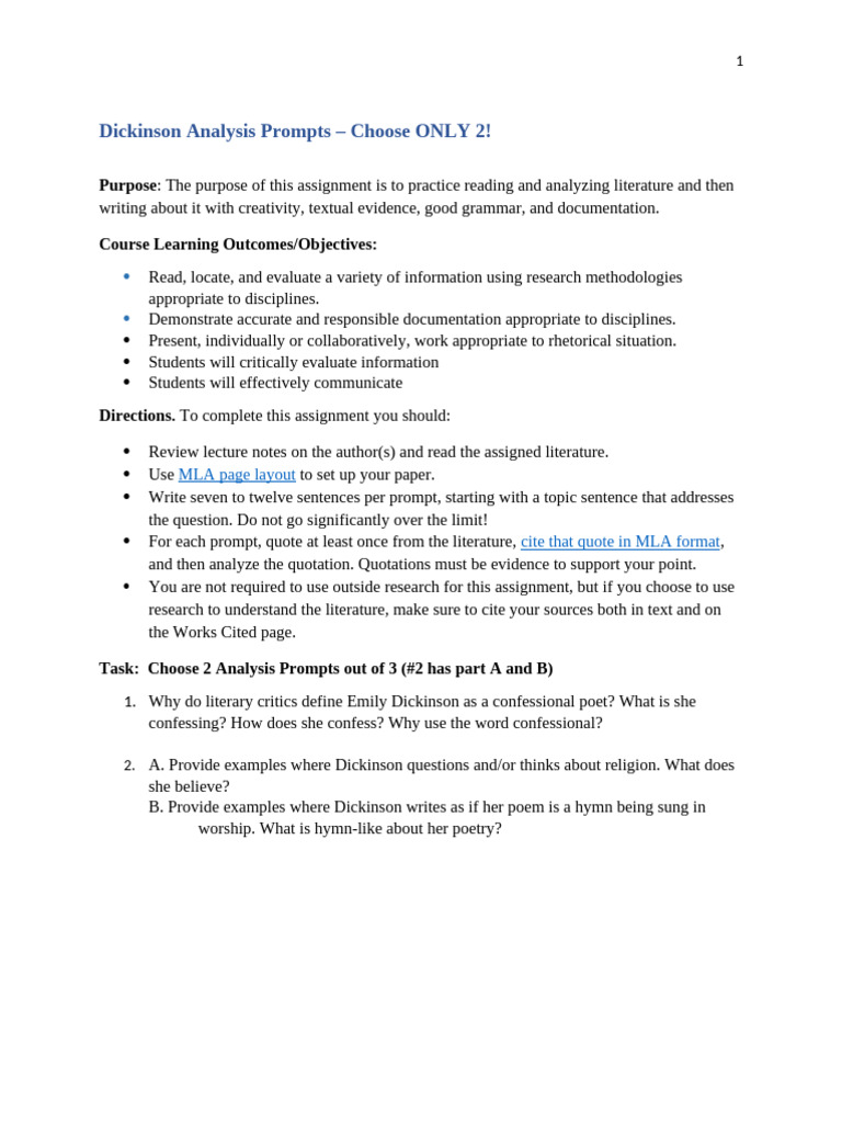 Dickinson Literary Analysis Assignment | PDF | Emily Dickinson | Human ...