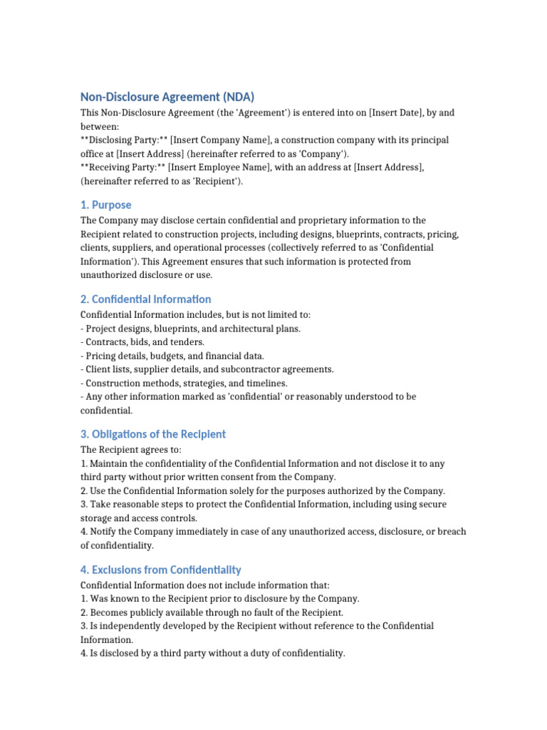 Construction NDA Template | PDF | Non Disclosure Agreement | Common Law