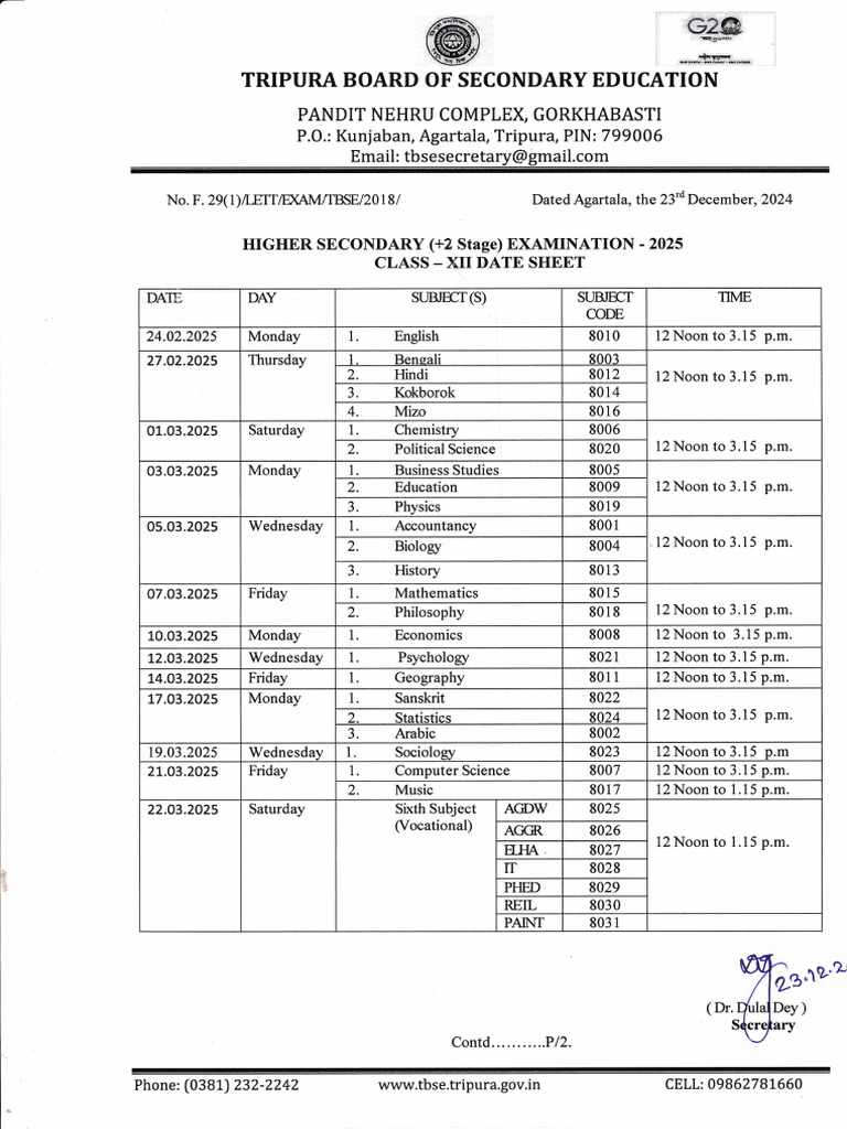 TBSE Class 10 & 12 Exam Routine 2025 | PDF