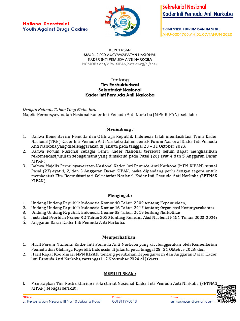 SK Tim Restrukturisasi Setnas Kipan | PDF