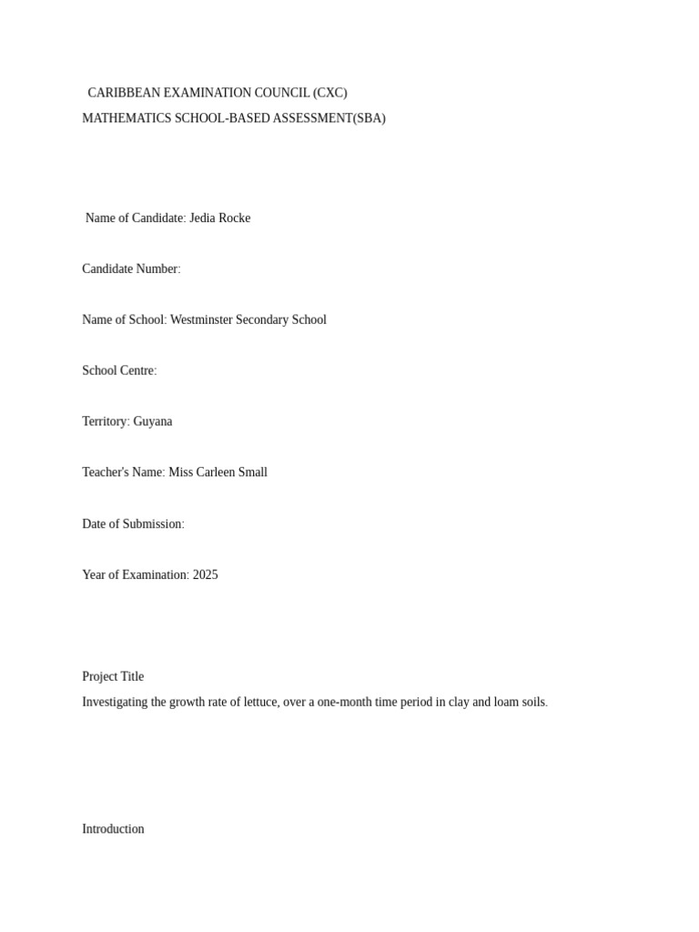 Jedia Rocke Math SBA 2025 | PDF | Lettuce | Experiment