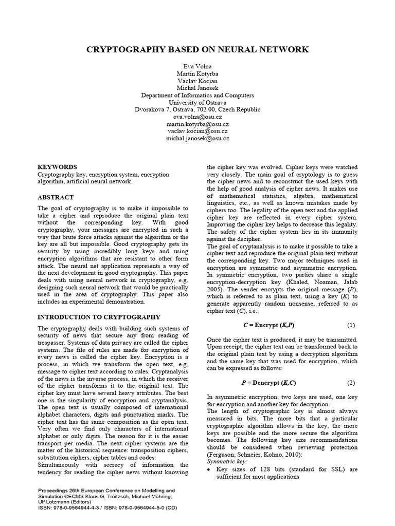 Cryptography Based on Neural Network | PDF | Cryptography | Key (Cryptography)