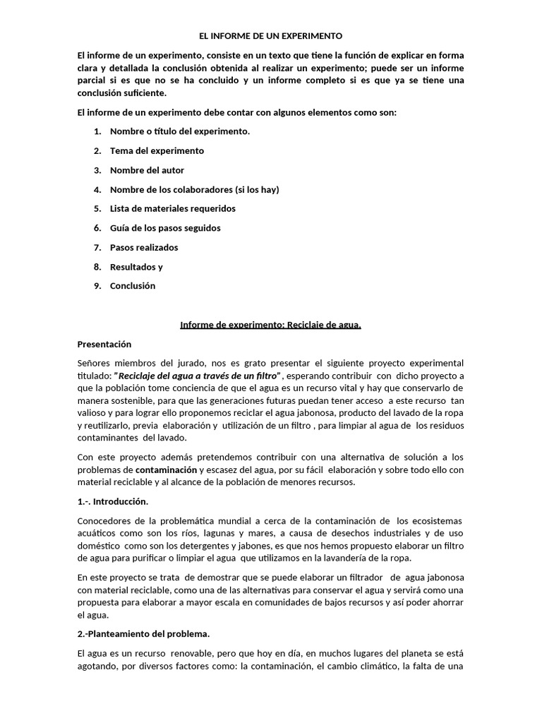 Informe de Experimentos | PDF | Agua | Residuos