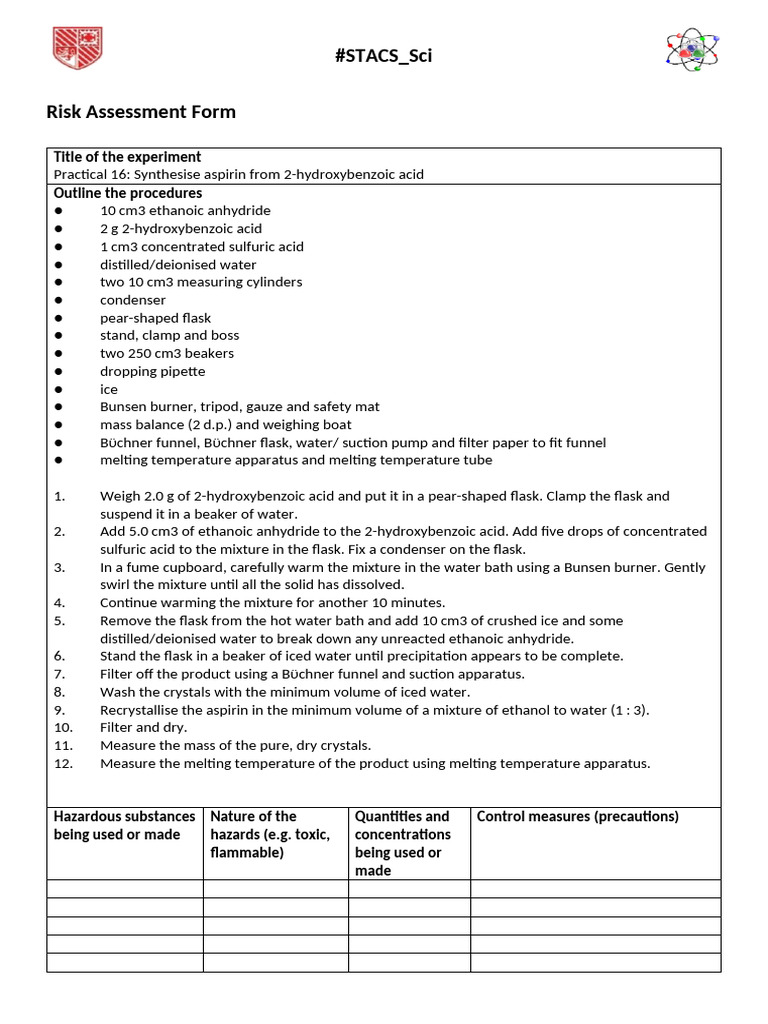 CPAC Risk Assessment Form 2024 Aspirin | PDF | Water | Distillation
