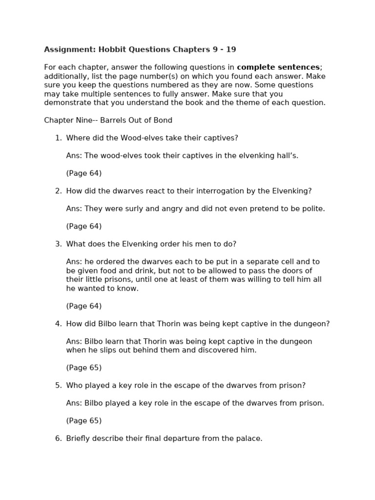 Hobbit Chapter Questions 9-19 Guide | PDF | Bilbo Baggins | The Hobbit