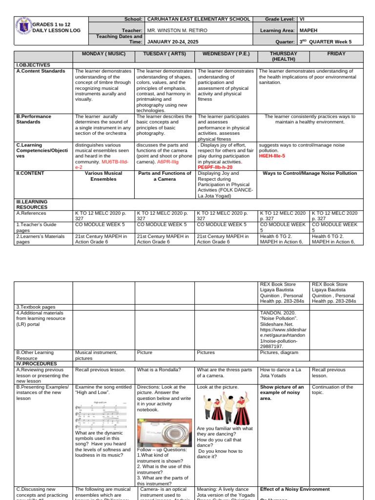 DLL_MAPEH 6_Q3_W5 | PDF | Camera | Learning