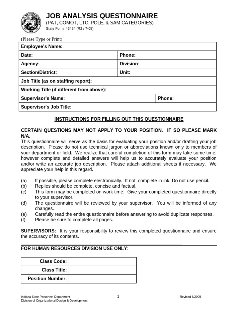 Job Analysis Questionnaire Form | PDF | Performance Appraisal ...