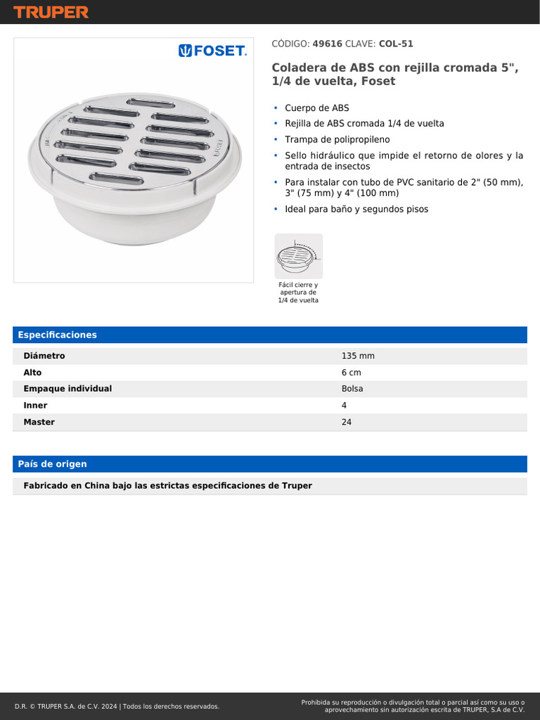 Coladera ABS 5" con rejilla cromada | PDF
