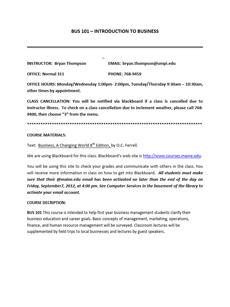 BUS 101, Introduction To Business, Thompson, Fall 2012 | PDF | Body ...