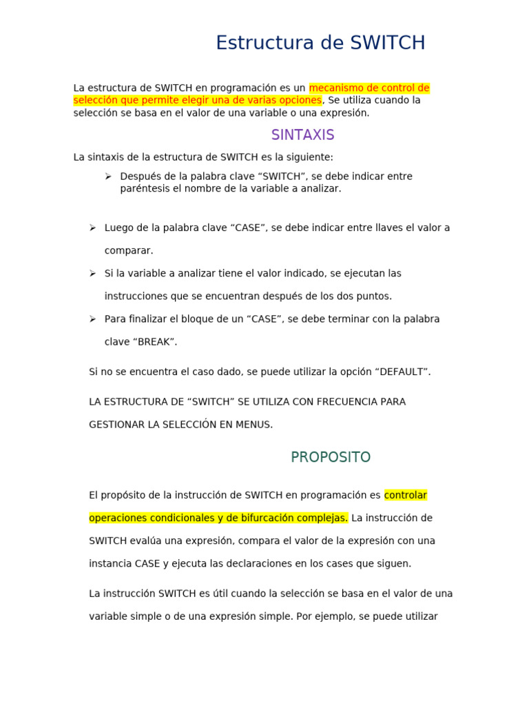 Guía de Estructura SWITCH | PDF | Ingeniería Informática | Desarrollo de software