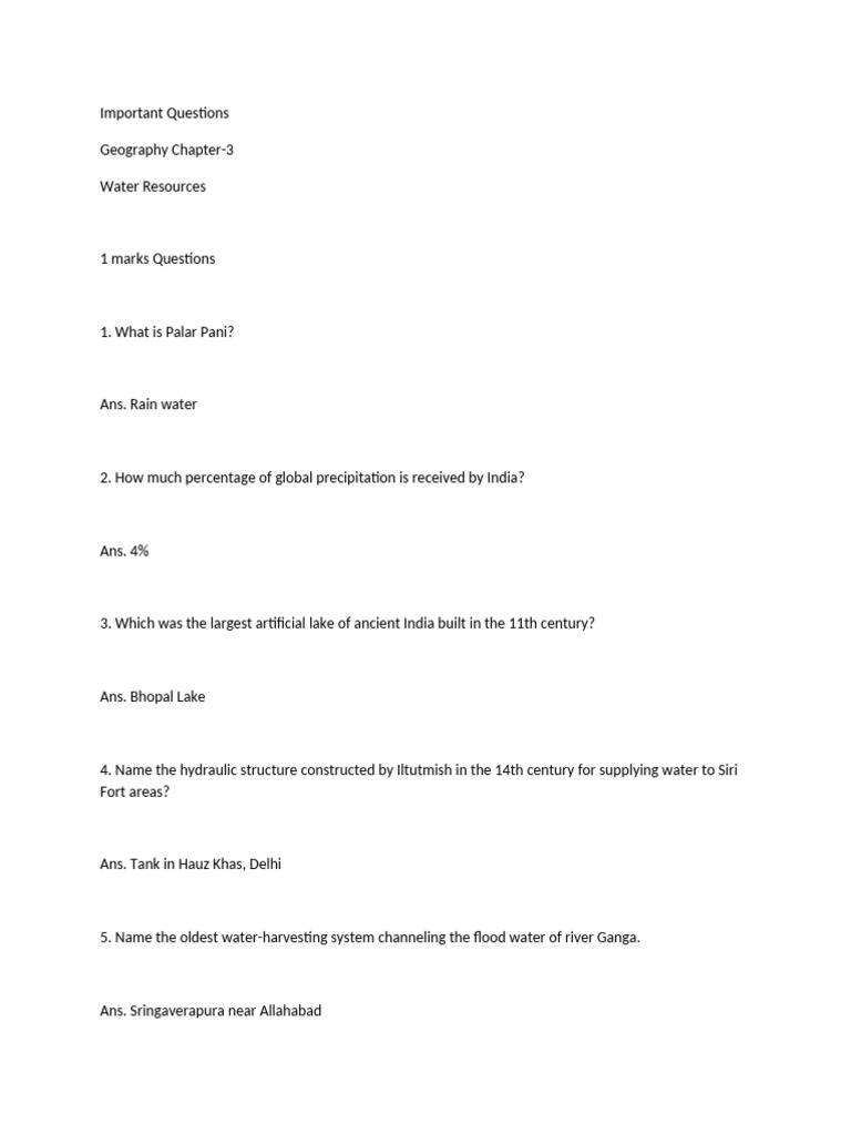 Important Ques - Ch.-3 Geography X | PDF