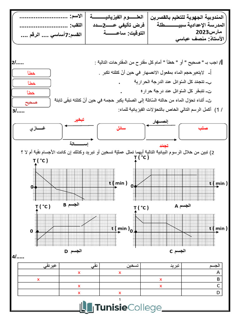 Devoir de Synthèse N°2 Avec Correction - Physique - 7ème (2022-2023) MR Abbassi Moncef | PDF