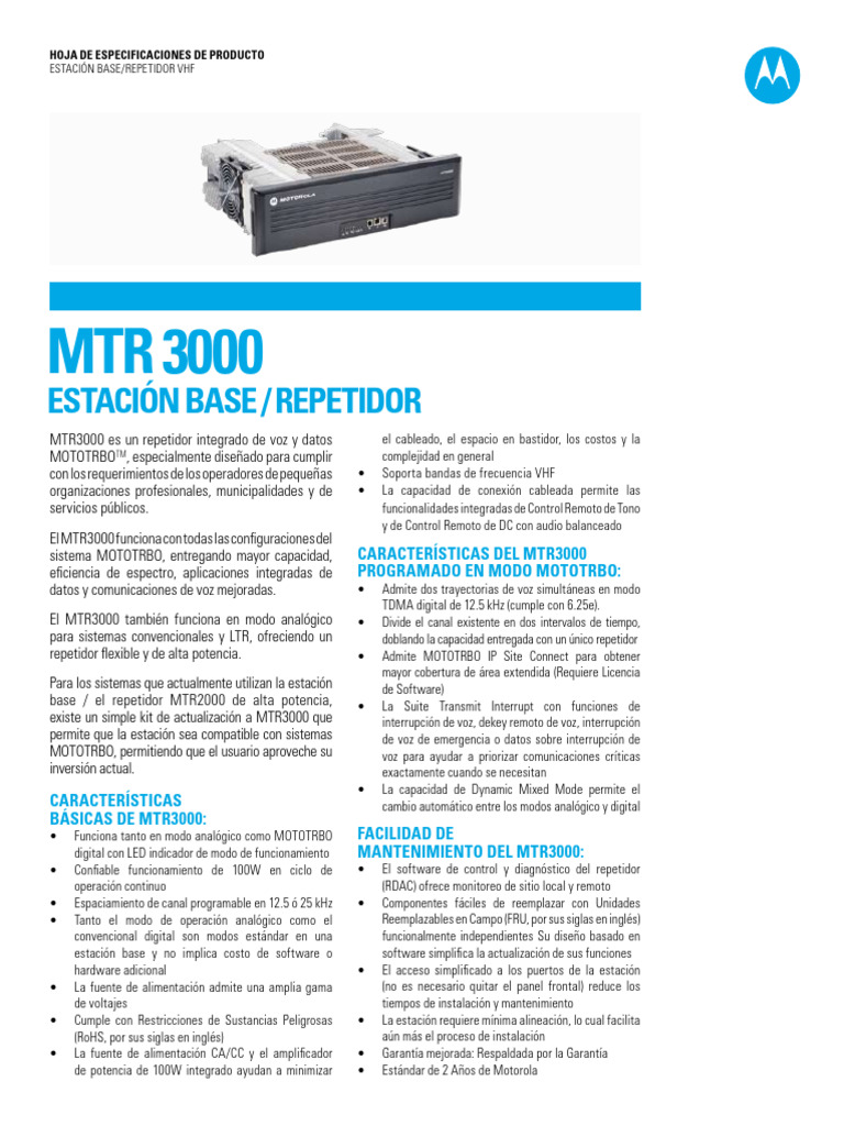 Especificaciones MTR 3000 VHF | PDF | Fuente de alimentación | Software