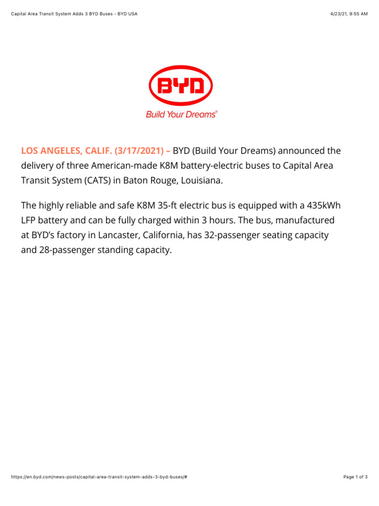 Capital Area Transit System Adds 3 BYD Buses - ByD USA | PDF | Bus ...
